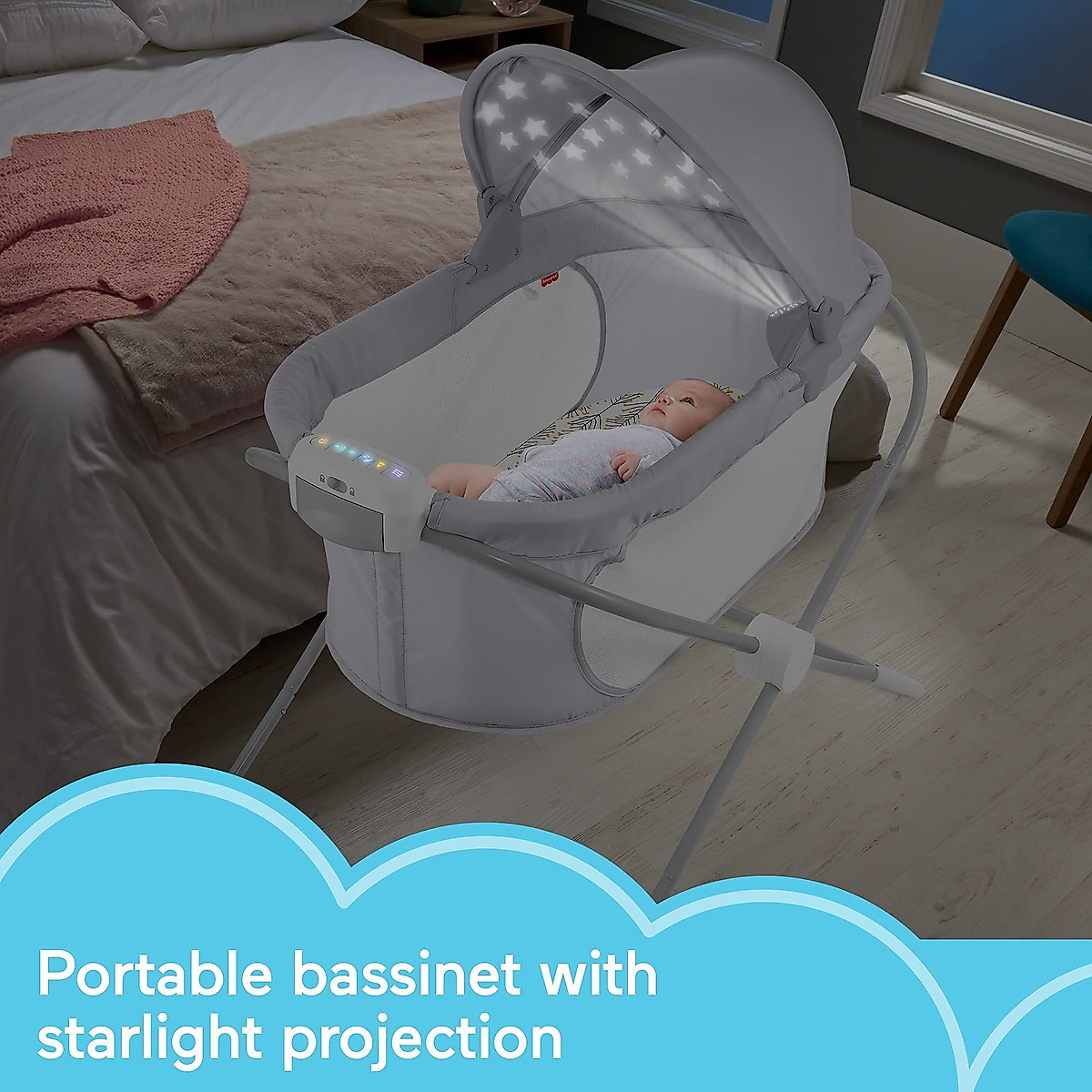Fisher-Price Baby Bedside Sleeper Soothing View Projection Bassinet with Lights Music Sounds and Vibrations, Fawning Leaves