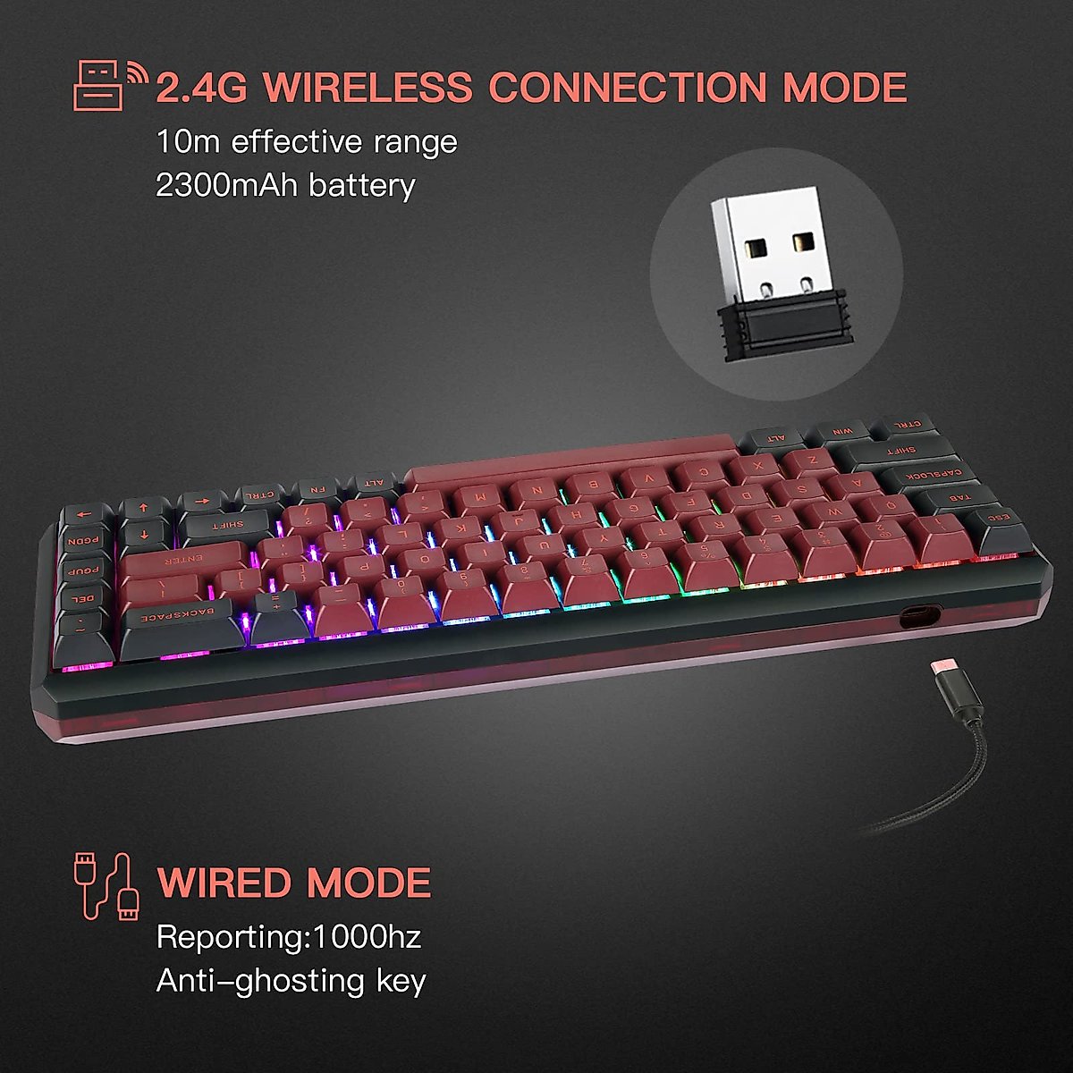 Darmoshark 2.4GHz Wireless/Wired Mechanical Keyboard — 65% (68 Key) Gaming Keyboard, Hot-Swap Switches, Programmable Macros, RGB LED Backlit, Type-C, PBT Spherical Keycap(Gateron Brown, Cherry Red)