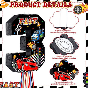 Race Car Number Pinata Girl Pull String Fast Pinata Small Racing Theme Pinata with Blindfold Stick Confetti for Boys Birthday Decorations Party Supplies (Number 3)