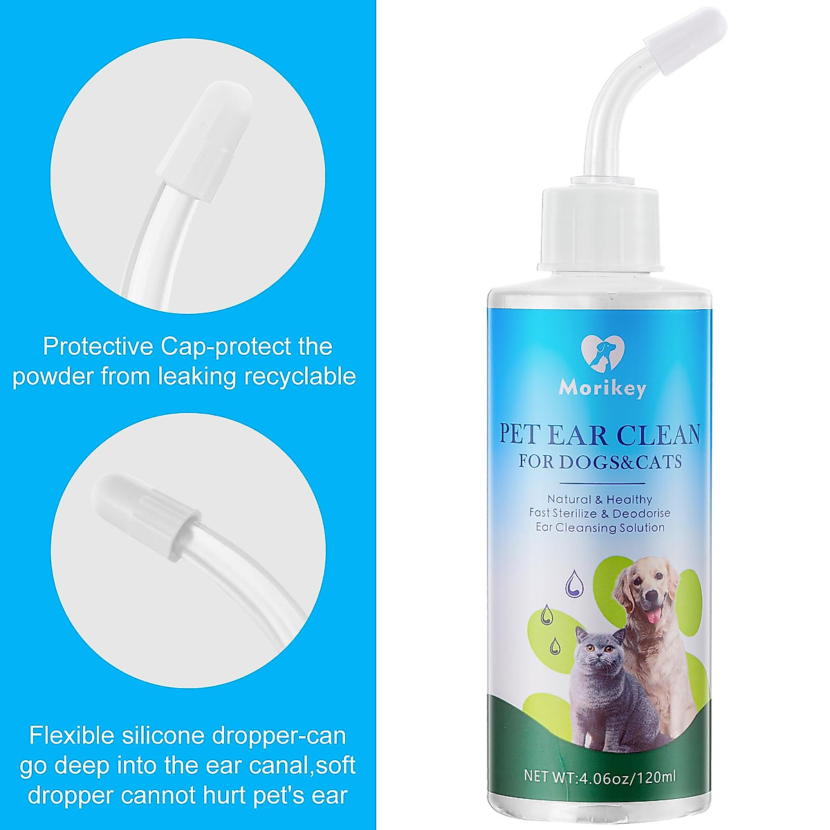 Morikey Pet Ear Cleaner Solution & Infection Treatment for Dogs & Cats, Natural Pet Cleanser Drops Helps Eliminate Odor Relieve Infections and Soothe Itchiness - 4.06oz/120ml