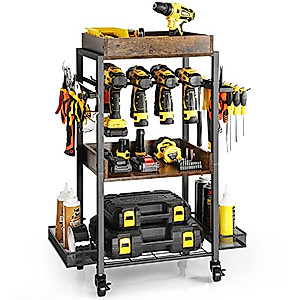 Power Tool Organizer Garage Storage Organization Shelving Tool Holder Drill Rack Shelf Rolling Tool Cart Open Tool Chest Cabinet Box Organizer with Wheels Workshop Garage Gift Ideas for Men Dad