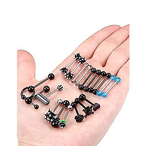 Prjndjw 14G Tongue Rings Surgical steel tongue piercing jewelry 5/8 inch 16mm Skull Heart Flower T Shape Koosh Spiky Silicone Soft Spike Ball Door Knocker Tongue Ring Body Piercing Jewelry Retainer