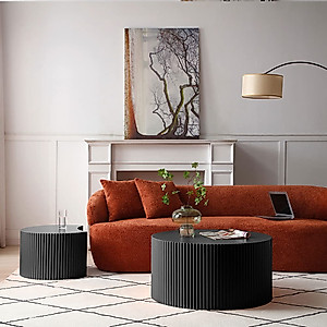 JURMALYN Black Round Coffee Table Set of 2, Modern Drum Coffee Tables with Moon Side Tables Set Wooden Nesting Coffee Table with Fluted for Living Room Apartment Mall (Matte-Black)