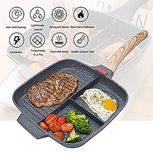 Bobikuke Nonstick Grill Pan for Stove Tops, 10.5 inch Sectional Skillet, Divided Pan for Breakfast, Square Grill Skillet with Silicone Brush & Clip, Compatible with All Stovetops (Black)