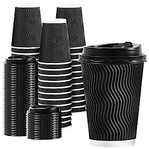 Lamosi To go Coffee Cups with Lids, Disposable Coffee Cups 12 oz, Paper Cups 12 oz, Hot Cups with Lids, Throw Away Coffee Cups with Lids for Party and Reception (Black, 12OZ, 60 Pack)
