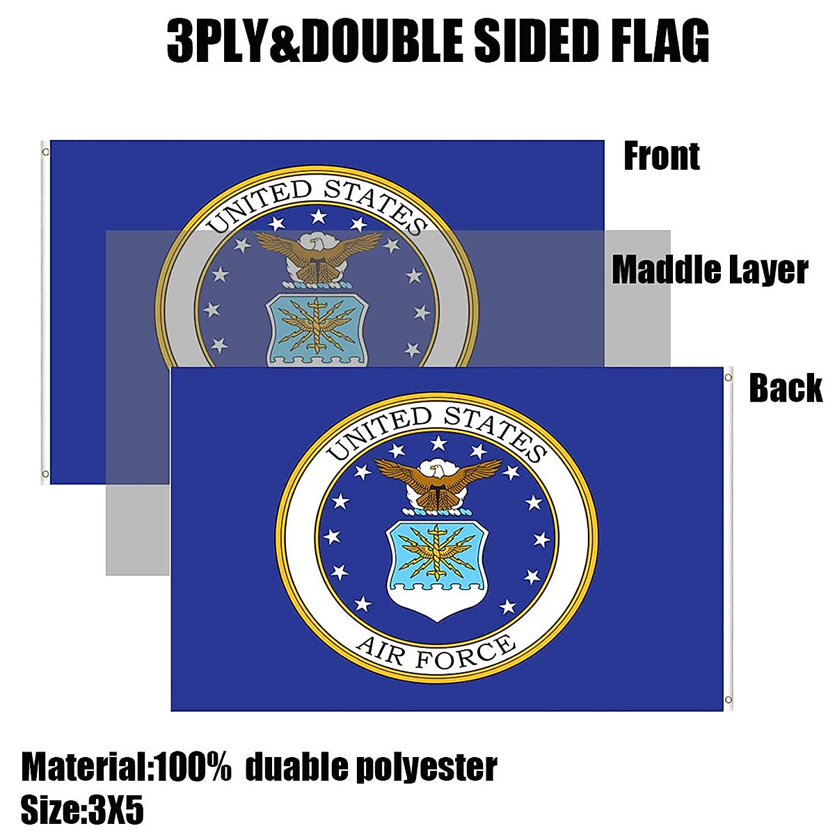 Air Force Crest Emblem Flag 3X5 Outdoor Double Sided 3ply- Heavy Duty Polyester USAF Military Flags With 2 Brass Grommets, Vivid Color And Fade Proof, UV Proof