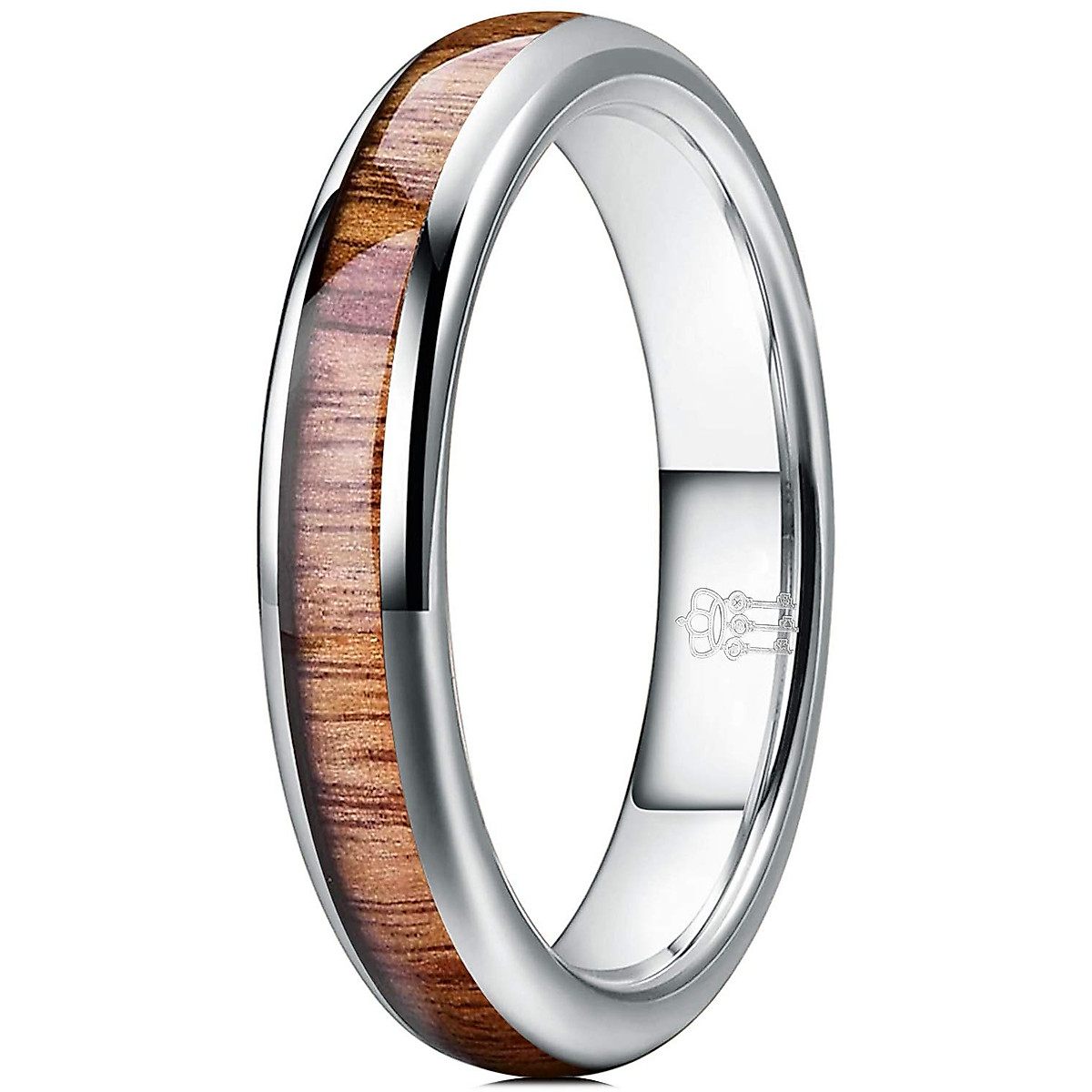 THREE KEYS JEWELRY 4mm White Tungsten Carbide Wedding Ring for Women with Koa Wood Inlay Domed Wedding Band Engagement Ring Comfort Fit Size 8