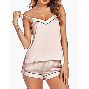 Ekouaer Two Piece Sleep Set Silk Pjs for Women Cute Pj Set Shorts Satin Cami Sleepwear Pajamas Set (Champagne,L)