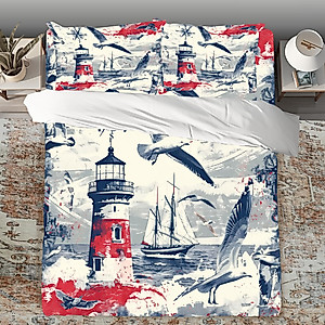 Nautical Dreams Duvet Cover Queen Size 3D Printed Duvet Cover Set Lighthouse Sailboat Seagull Voyage Exploration Bedding Set Home Decoration Comforter Cover Cozy Quilt Cover with 2 Pillowcases
