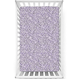 Rose Themed Fitted Mini Crib Sheets,Portable Mini Crib Sheets Soft Toddler Mattress Sheet Fitted-Great for Boy or Girl Room or Nursery,24“ x38“,Blue Violet Pale Mauve