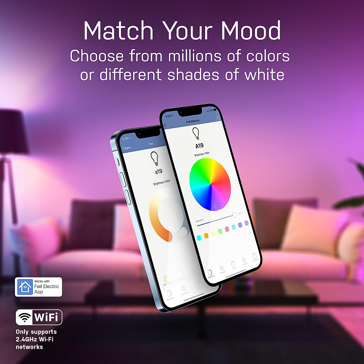 Feit Electric Smart Light Bulbs with RGB Color Changing and Tunable White, 2.4Ghz WiFi Light Bulbs, No Hub Needed, Works with Alexa and Google, Dimmable 60 Watt = LED 9W, OM60/RGBW/CA/AG/3, 3 Pack