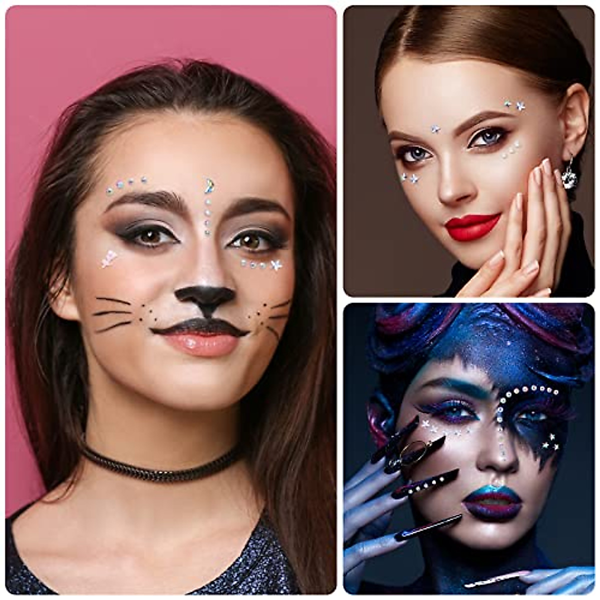 OIIKI 4 Sheets Star Face Eye Stickers, Star Jewelry Eye Body Sticker, Acrylic Crystal Face Gems, Halloween Moon Pearls Butterfly Face Makeup Stickers, 4 Styles Rhinestone Tattoos for Women, Girls