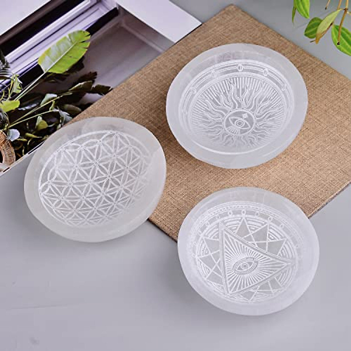 CNYANFEI 4” Flower of Life Etched Selenite Bowl for Charging Selenite Tray Natural Crystal Holder Bowl White Satin Spar Crystal Decorative Stone Bowl for Jewelry Storage Gemstone Altar Decor