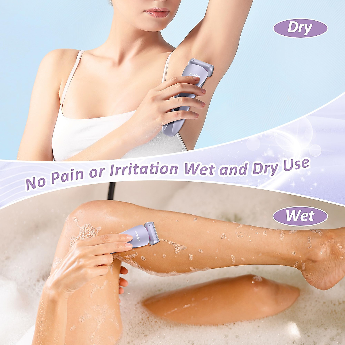 Electric Shaver for Women Legs, Lady Razors Waterproof Wet or Dry for Underarm Arm Bikini Private Area Pubic Hair, Portable Painless Ladies Body Hair Trimmer Remover USB Rechargeable (Purple）