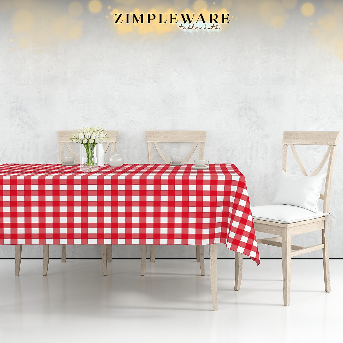 ZIMPLEWARE Premium Red Gingham Checkered Plastic Table Cloth Disposable (12 Pk) Plastic Tablecloths for Rectangle Tables (54in x 108in) Party Table Cloths Disposable for 6ft to 8ft Rectangle Tables