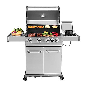 NaoSIn-Ni 4 Burner BBQ Propane Gas Grill, Stainless Steel 60,000 BTU Patio Garden Barbecue Grill with Two Foldable Shelves Removable Design