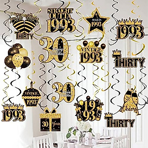 30th Birthday Decorations Men, 45pcs 30th Birthday Party Supplies, 1993 Gold Birthday Decorations, Party Streamers Hanging Swirls for Him, Thirty Years Old Dangling Spinners Foli Bday Ceiling Decor