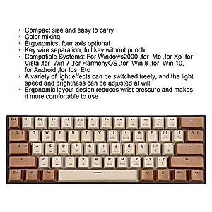 Gaming Keyboard, 61keys Mechanical Keyboard with Color Mixing Light, Multiple Luminous Modes, for Windows2000, Xp, Vista, Win 7, HarmonyOS, Win 8, Win 10, Android, iOS(Tea Shaft)