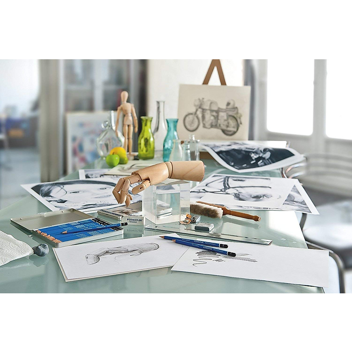 Wooden Lead Pencil By Staedtler Mars Lumograph - Pack of 12 Degrees in Practical Plastic Storage Box with Staedtler Tub Sharpener and Rasoplast Eraser