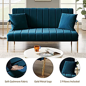 Modern Upholstered Velvet Loveseat Sofa: 60" Mid Century 2 Seater Sofa - Cashmere Sofa Couch with 2 Pillows - Gold Metal Legs - Small Spaces Bedroom Apartment Office Living Room (Dark Blue)