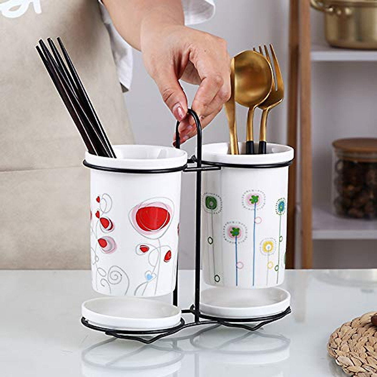 Kelendle Ceramic Caddy Cutlery Holder with Metal Base Utensil Organizer Flatware Organizer for Kitchen Countertop Table Cabinet Pantry, Mask