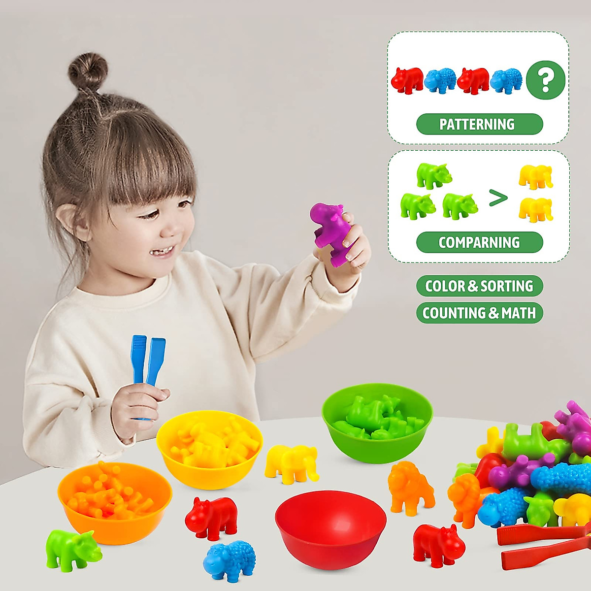 RAEQKS Counting Sorting Toys Matching Stacking Toys with Bowls Preschool Learning Activities Educational Sensory Game Montessori STEM Toy Daycare Sets Animals Gifts for Toddlers Kids Boys Girls