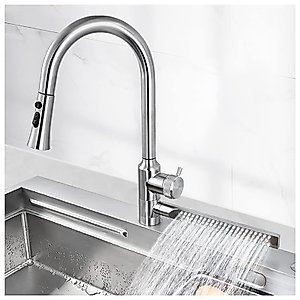 304 Stainless Steel High Arc Brushed Nickel Kitchen Faucet,Silicone Waterfall Outlet Kitchen Sink Faucets,Kitchen Faucet with Pull-Out Down Sprayer,with Deck Single Handle Sink Faucets