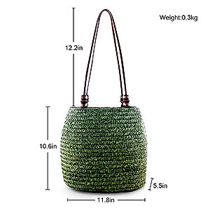 QTKJ Women Retro Bucket Straw Bag Handwoven Rattan Beach Tote Shoulder Bag with Brown Bead (Green)