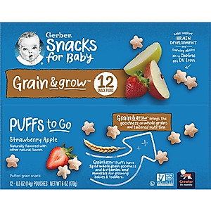 Gerber Snacks for Baby Grain & Grow Puffs To Go, Strawberry Apple, Non-GMO Puffed Grain Baby Snack for Crawlers, Pack of 1 Box