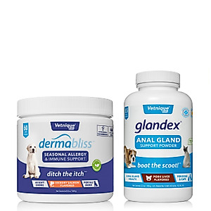 Vetnique Labs Dermabliss Seasonal Dog Allergy Chews (60ct) & Glandex Anal Gland Support Powder with Pumpkin for Dogs (5.5oz Pork) Bundle