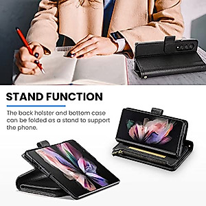 REKALRO for Galaxy Z Fold 4 Wallet Case with Card Holders, PU Leather Case Wallet Women with Long Lanyard, Wireless Charging Zipper Kickstand Magnetic Phone Case for Samsung Galaxy Z Fold 4 5G (Black)
