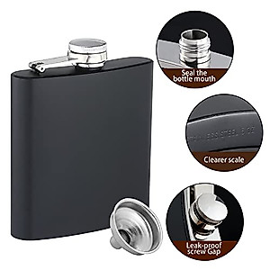 Hip Flask for Liquor 1PCS Black Thin Flasks with Silver Cap 6oz Stainless Steel Leakproof with 1pcs Funnel for Gift, Camping, Wedding Party