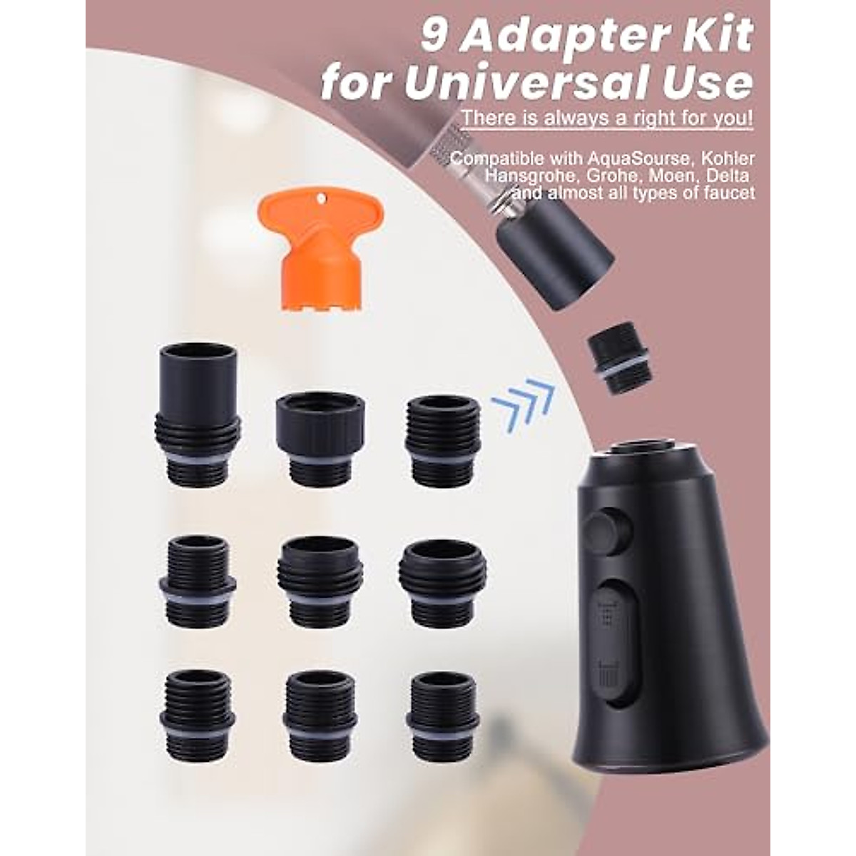 WOWOW Kitchen Faucet Head Replacement, 3 Function Pull Down Faucet Sprayer Head with 9 Adapters, Oil Rubbed Bronze Kitchen Sprayer Nozzle Compatible with Moen, Delta, Kohler Faucets