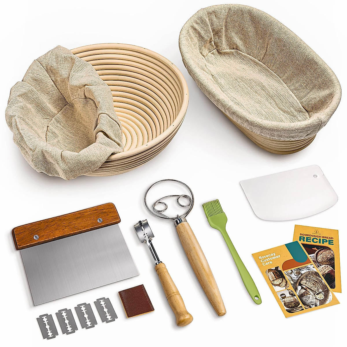 RORECAY Bread Banneton Proofing Basket Set of 2, 9 Inch Round & 10 Inch Oval Cane Sourdough Baskets with Bread Lame + Dough Scraper + Linen Liner + Basting Brush for Bread Making Baking Fermentation