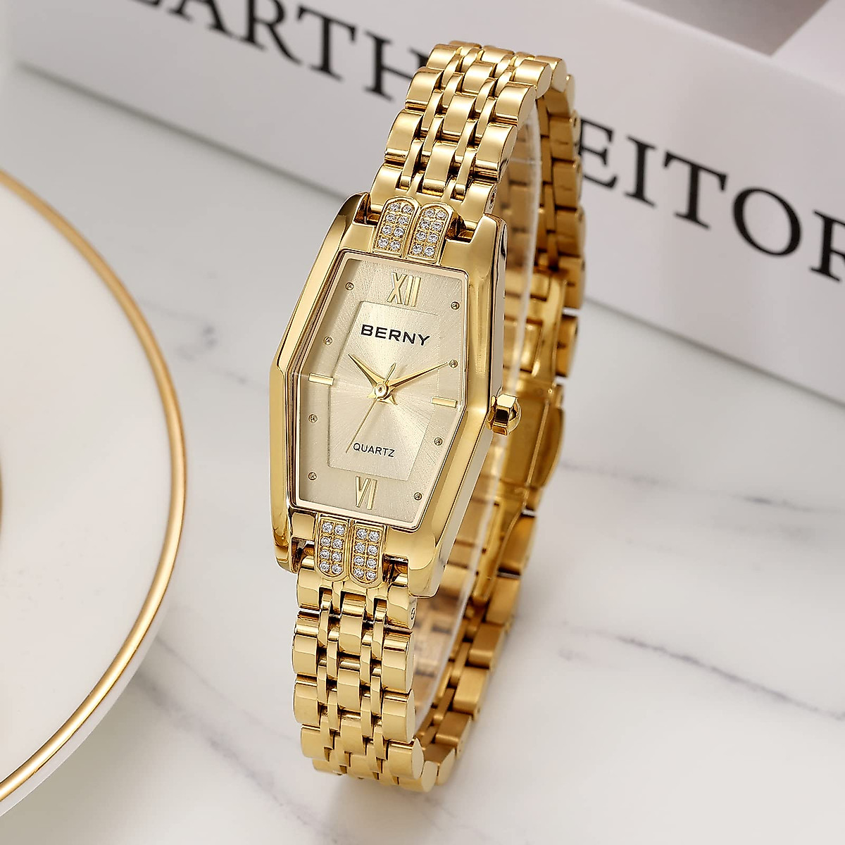 BERNY Gold Watches for Women Dainty Hexagon Ladies Quartz Wrist Watches Stainless Steel Band Fashion Analog Watch Luxury Bracelet(Gold Dial)