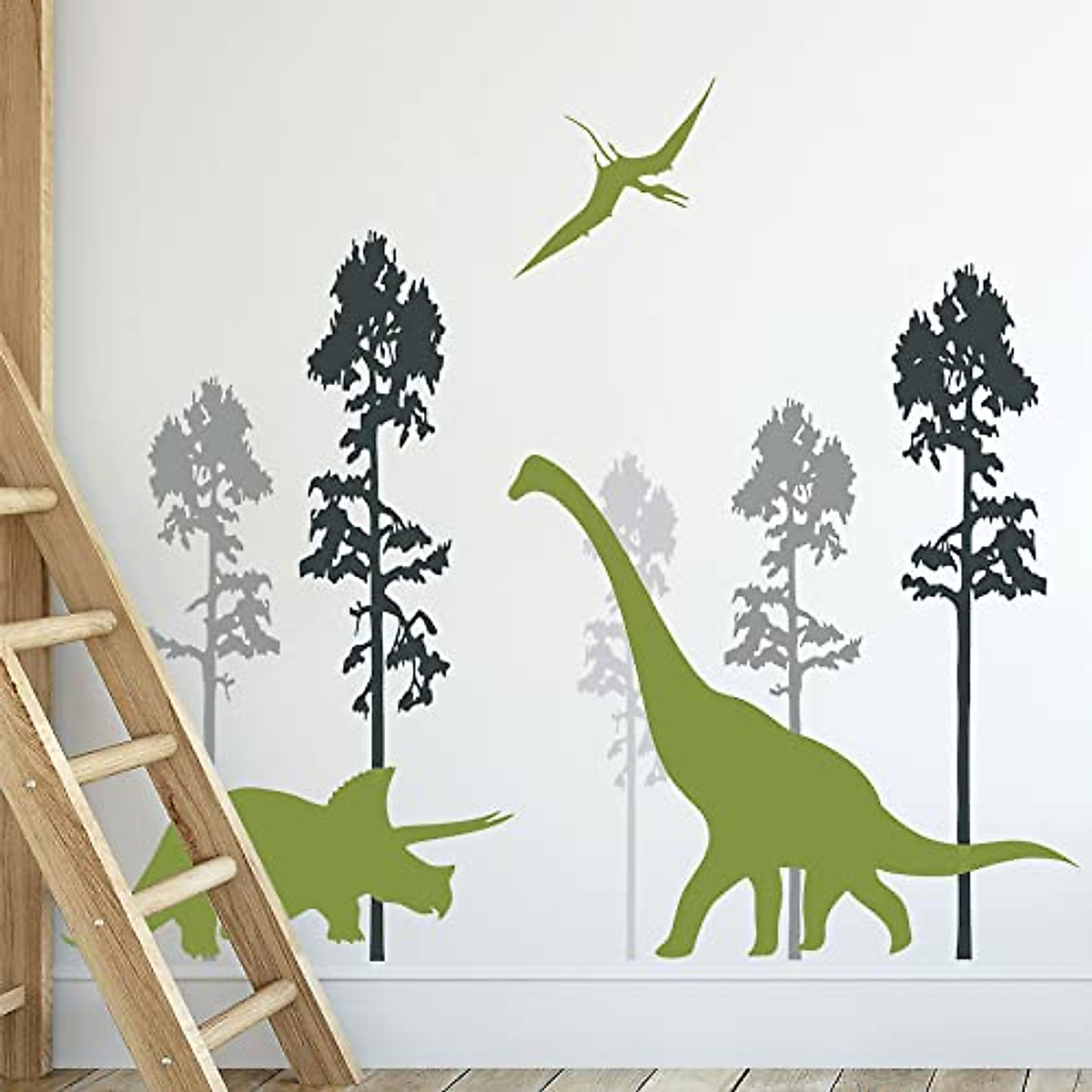 Giant Green Dinosaur Wall Decals Jungle Black Tree Wall Stickers DIY Removable Big Pin Trees Dinosaurs Nature Forest Wall Art Decor for Kids Teens Bedroom Living Room Nursery Playroom Decoration DT-67