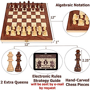 Magnetic Wooden Chess Checkers Set for Kids and Adults - 12 in Staunton Chess Set - Travel Portable Folding Chess Board Game Sets - Storage for Wood Pieces - 2 Extra Queens