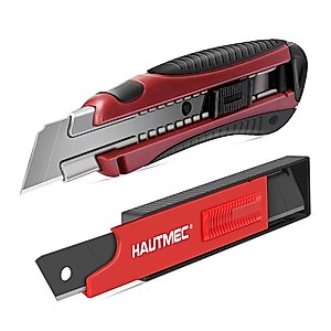 HAUTMEC 25mm Pro Heavy Duty Utility Knife Box Cutter with Extra 10PCS Rust Proof SK2H Black Sharp Blades, Autolock Slider, Sturdy Body for Industrial or Construction Applications HT0205-KN