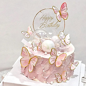 Pink Butterfly Cake Toppers, 11pcs Cupcake Toppers Happy Birthday Metal Gold Topper for Girls Women's Party Decorations