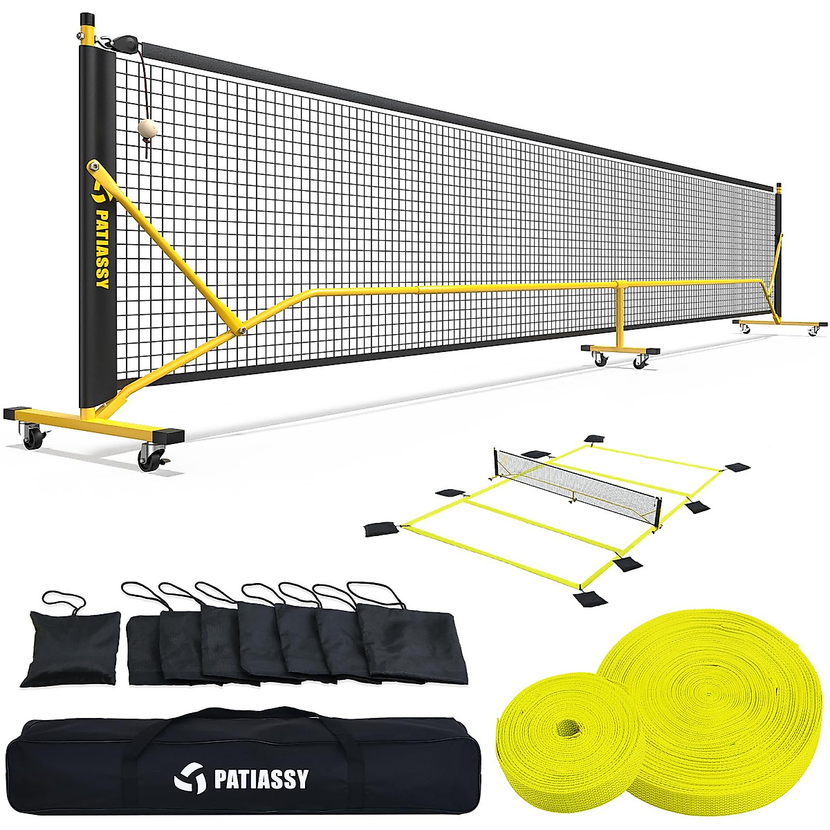 Patiassy Pickleball Net Set with Wheels and Pickleball Court Marking Kit 22 FT Regulation Size Portable Pickleball Nets with Net Tension Adjuster, 8 Sandbags for Outdoor Indoor Driveway