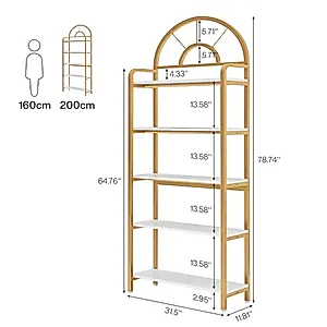 Tribesigns White and Gold Arched Bookshelf 5 Tier Bookcase, Gold Shelves for Living Room Freestanding Tall Display Shelf, Decorative Shelf for Bedroom