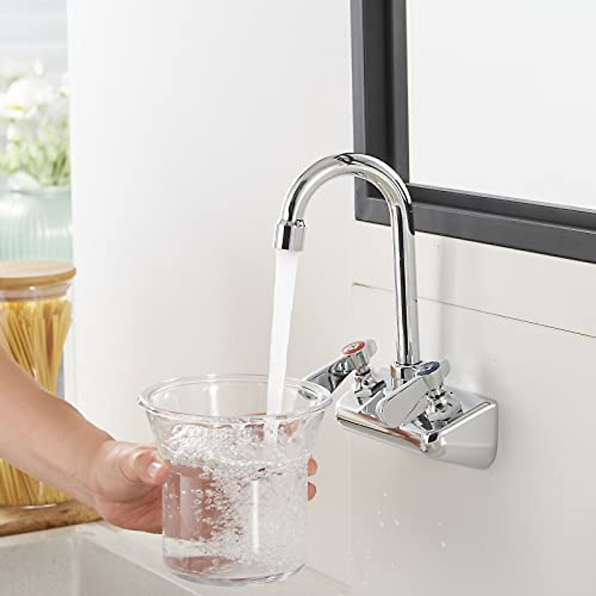 Bathfinesse Kitchen Sink Faucet Wall Mount 4" Center Commercial Kitchen Sink Faucet with 3-1/2" Gooseneck Spout Two Lever Handles Brass Constructed Mixer Tap Chrome Polished