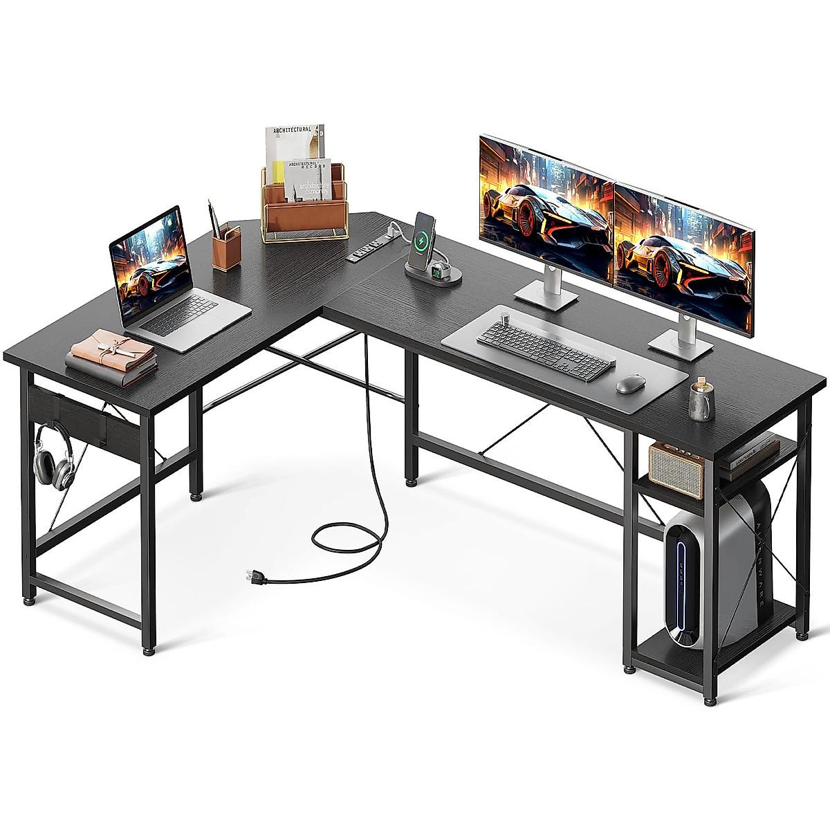 Coleshome L Shaped Computer Desk 66" with Power Outlet & Storage Shelves, Corner Sturdy Writing Desk Workstation, Modern Wooden Office Gaming Desk, Wood & Metal, Black
