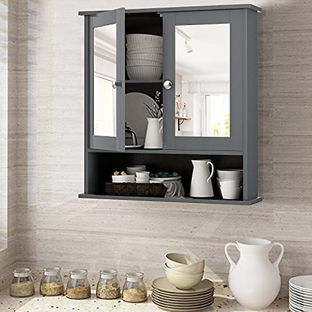 DORTALA Mirrored Bathroom Cabinet, Wall Mounted Medicine Cabinet w/Double Mirror Doors & Adjustable Shelf, Multipurpose Storage Cabinet Home Organizer, Grey
