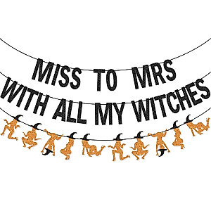 Miss to Mrs with All My Witches Banner Garland for Halloween Bachelorette Party Decorations