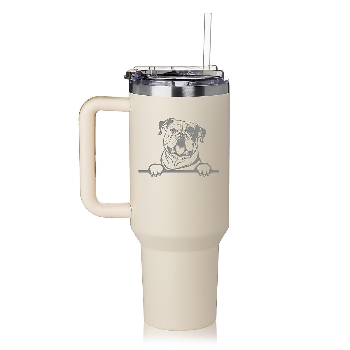 Daylor 40 oz Tumbler with Handle and Straw Lid Stainless Steel Insulated Travel Mug Cup Peeking English Bulldog (Cream)