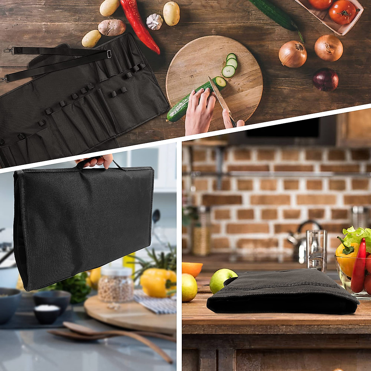 XYJ Black Knife Bag (13 slots) Carry Chef Knives Bags With Shoulder Belt Oxford Cloth Portable Case For Kitchen Knife Sharpener Rod Storging Tools (Knives Not Included)