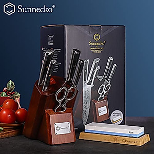 Sunnecko Knife Sets for Kitchen with Block,7 PCS Damascus Kitchen Knife Set,67-Layer Japanese VG10 High Carbon Stainless Steel Blade,Full Tang Forged,Ergonomic Handle,Whetstone&Scissors Include
