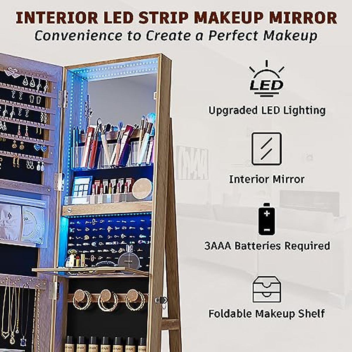 FOMNEY 360° Swivel Jewelry Armoire with Mirror, 63" H Full Length Mirror with Storage, Standing Mirror Jewelry Cabinet has LED Lights, Standing Jewelry Organizer/Makeup Shelf for Bedroom (Wood)