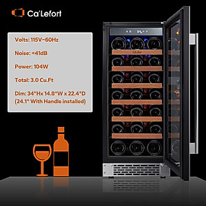 Ca'Lefort Wine Fridge, 15 Inch Wine Cooler Refrigerator with Seamless Stainless Grey Tempered Glass Door, Quiet Compressor Adjust Temp 40-65°F, Under Counter Wine Fridge 3.0 cu.ft - 33 Bottles